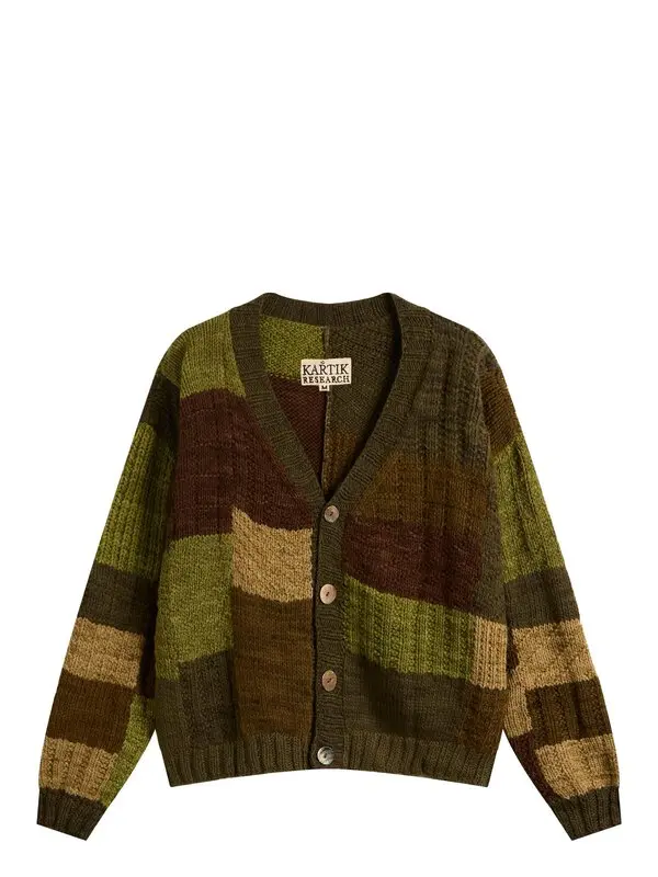 KARTIK RESEARCH Patchwork Wool Cardigan - Olive/brown/moss
