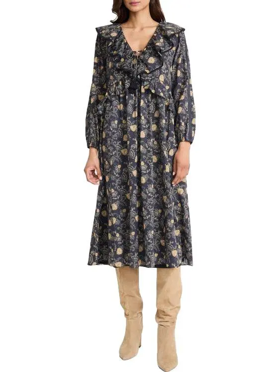 THE GOOD JOURNEY Ruffle Floral Print Long Sleeve Cotton Midi Dress - Black/taupe/cream