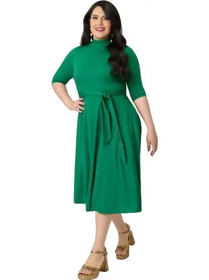 Unique Vintage 1950s Fit & Flare Midi Dress - Green Solid