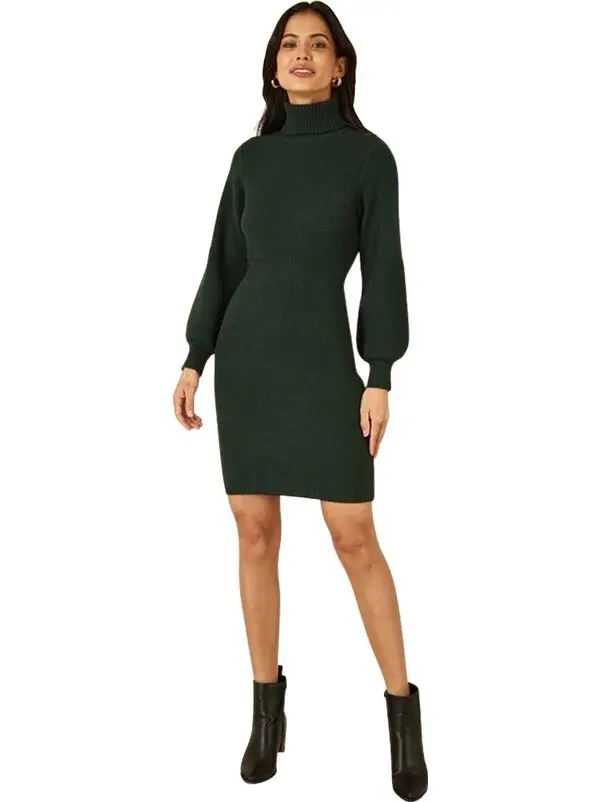 YUMI Roll Neck Knitted Dress - Green