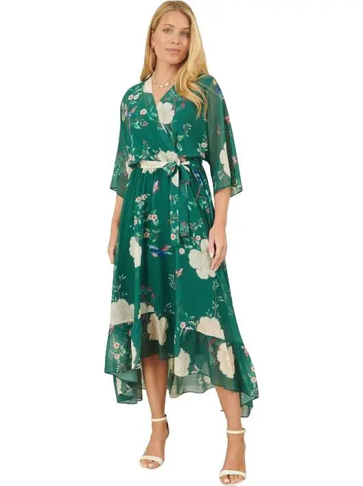 YUMI Bird And Floral Print Midi Wrap Dress - Green