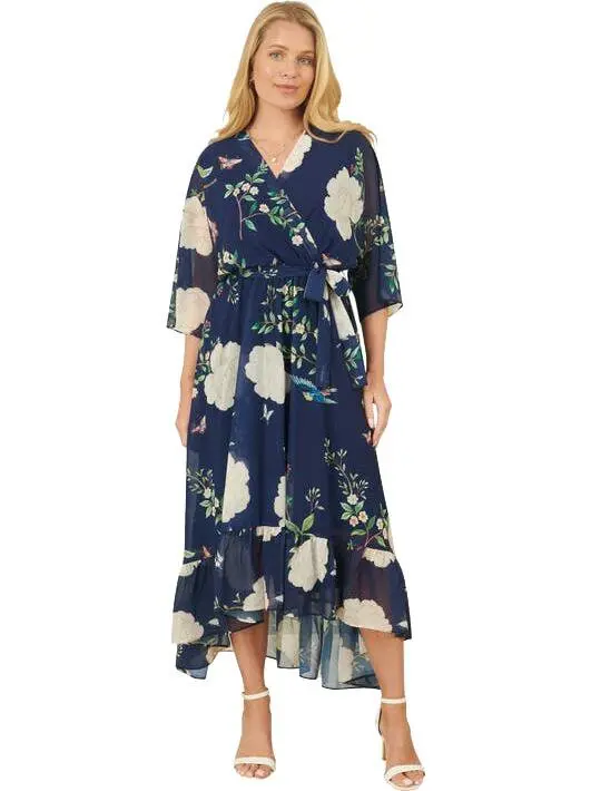 YUMI Bird And Floral Print Midi Wrap Dress - Navy