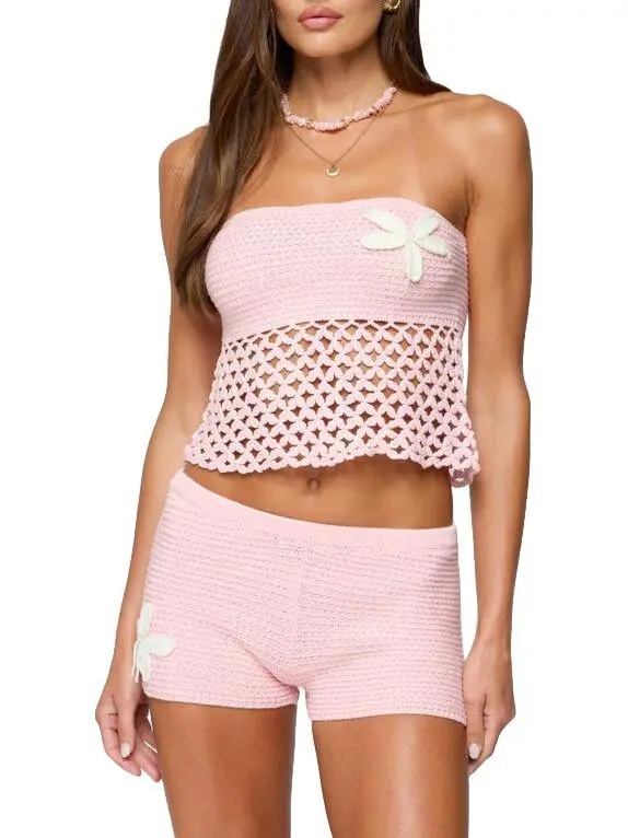 EDIKTED Tahna Flower Crochet Strapless Top - Pink