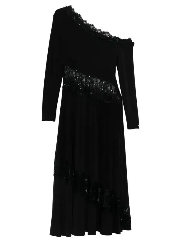 NISSA One-shoulder Lace Insert Midi Dress - Black