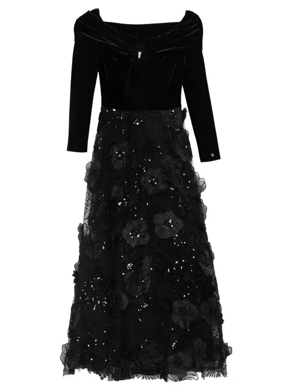 NISSA Floral Appliqué Off-shoulder Dress - Black