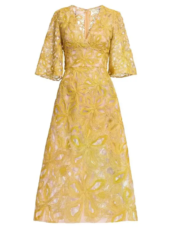Elie Saab Floral-embroidered Midi Dress - Yellow