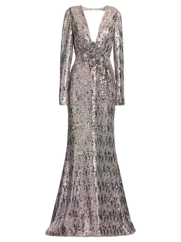 Elie Saab Sequin-embellished Open-back Maxi Dress - Grey