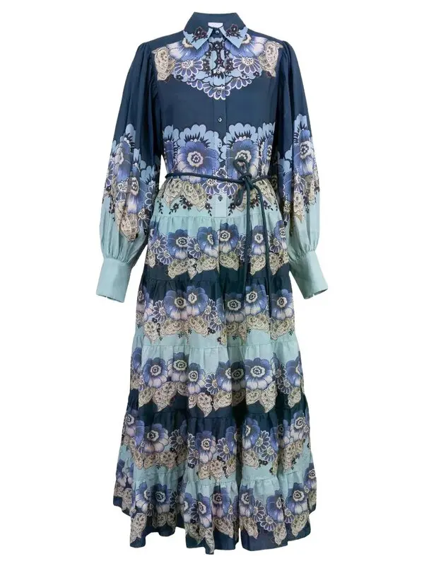 ALEMAIS Madalena Floral Tiered Midi Shirt Dress - Blue
