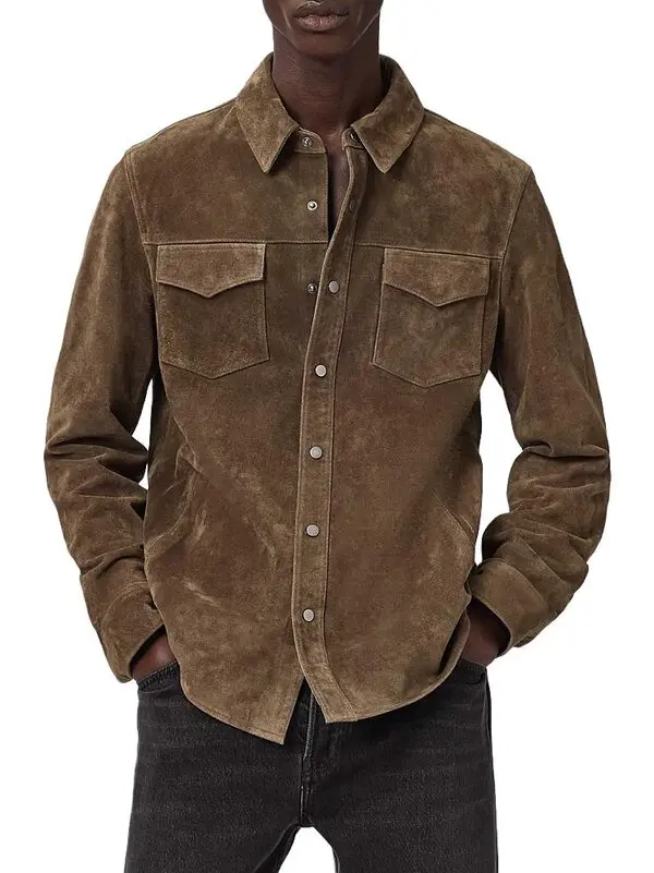 ALLSAINTS Sully Suede Regular Fit Button Down Shirt - Baker Brown