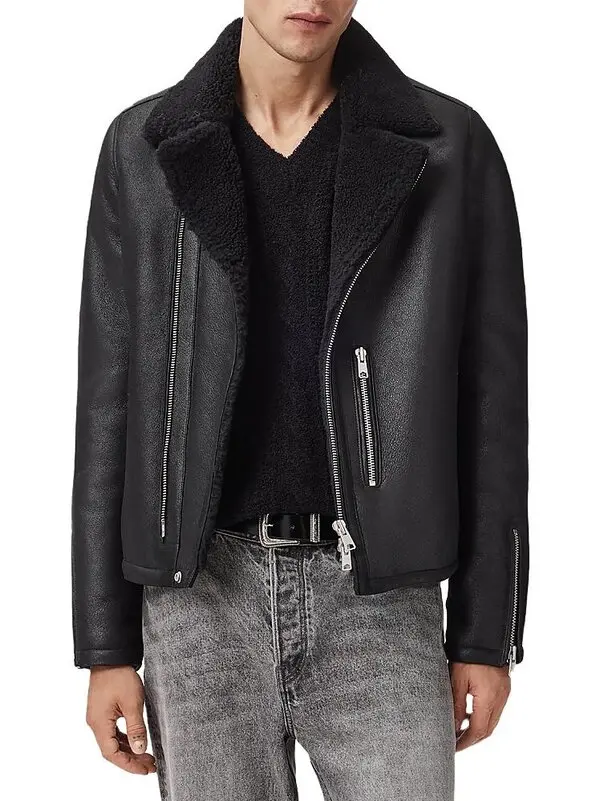ALLSAINTS Correz Shearling Trim Leather Biker Jacket - Black