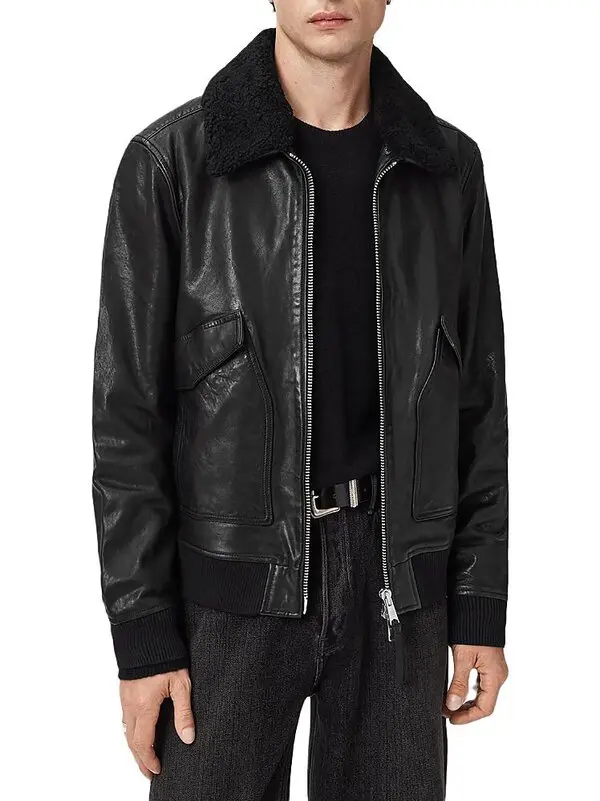 ALLSAINTS Vaucluse Leather Aviator Jacket With Shearling Trim - Black