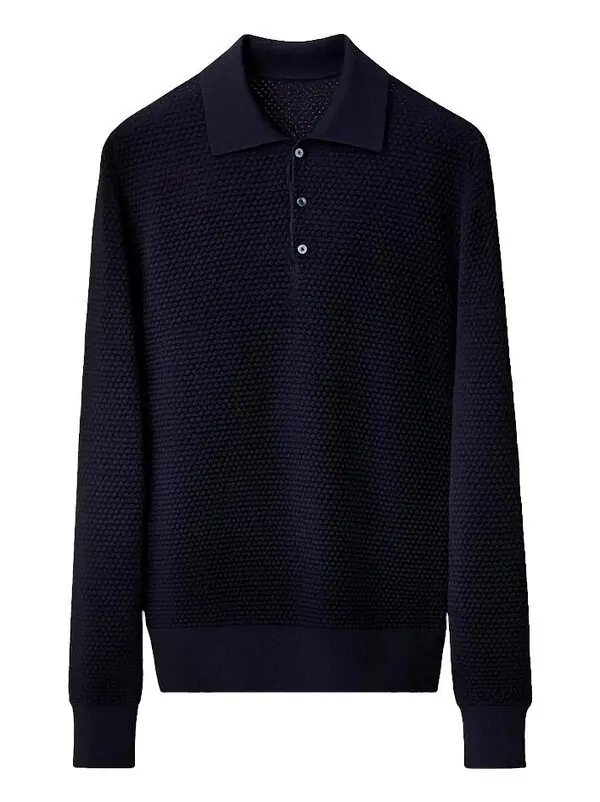 Eton Relaxed Fit Popcorn Stitch Merino Wool Polo Sweater - Navy