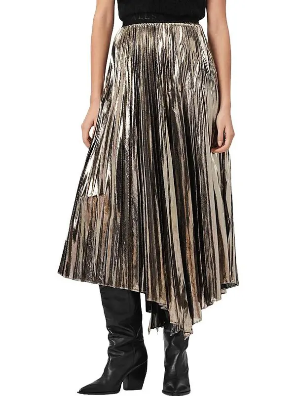 ALLSAINTS Jax Pleated Midi Skirt - Metallic Gold