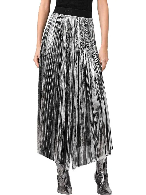 ALLSAINTS Jax Pleated Midi Skirt - Metallic Silver
