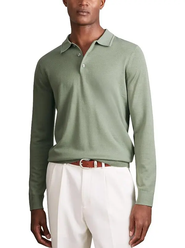 REISS Trafford Merino Wool Long Sleeve Polo Shirt - Harper Green