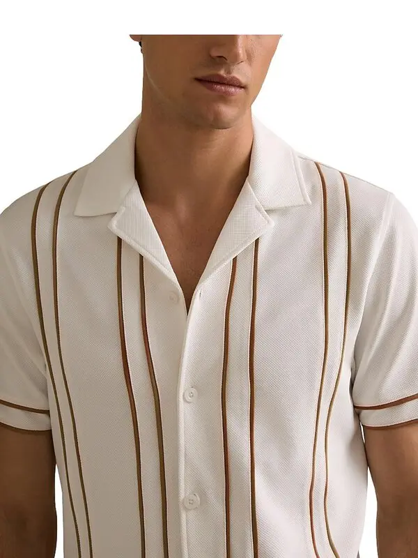 REISS Sander Short Sleeve Cuban Stripe Shirt - White/camel