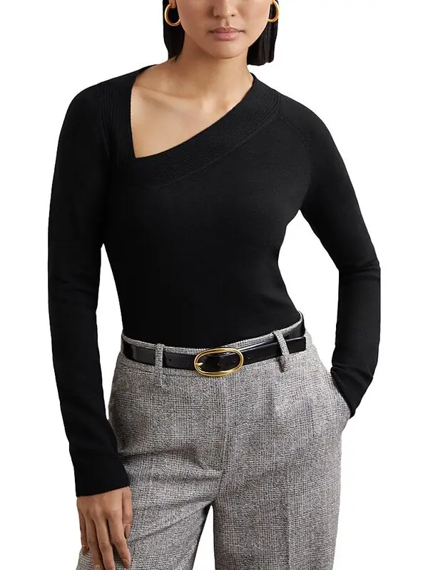 REISS Zoie Asymmetric Long Sleeve Top - Black