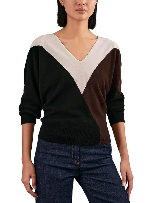 REISS V-neck Colorblocked Sweater - Black/burgundy