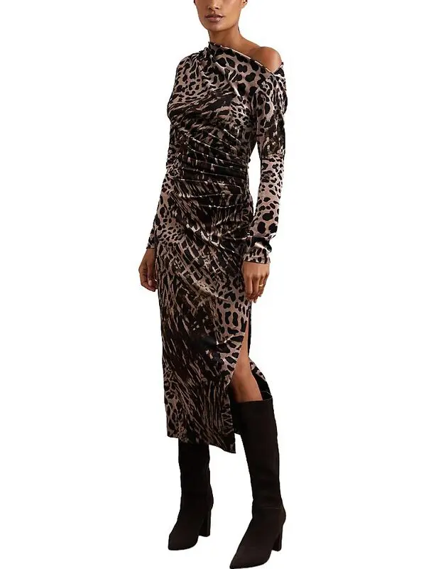 REISS Briana Printed Velvet Dress - Black/brown