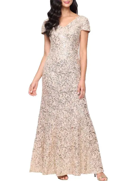Alex Evenings Sequin Cord Lace A-line Evening Gown - Gold