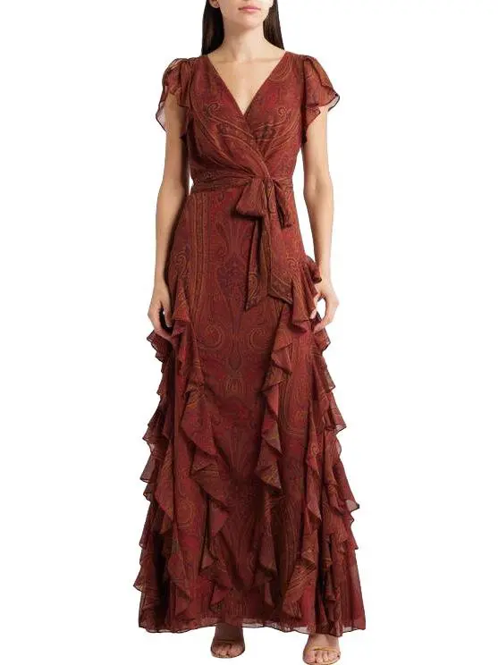 Ralph Lauren Paisley Ruffle Trim Flutter Sleeve Gown - Red Multi