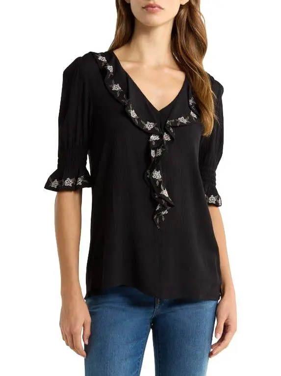 Bobeau Embroidered Ruffle Top - Black