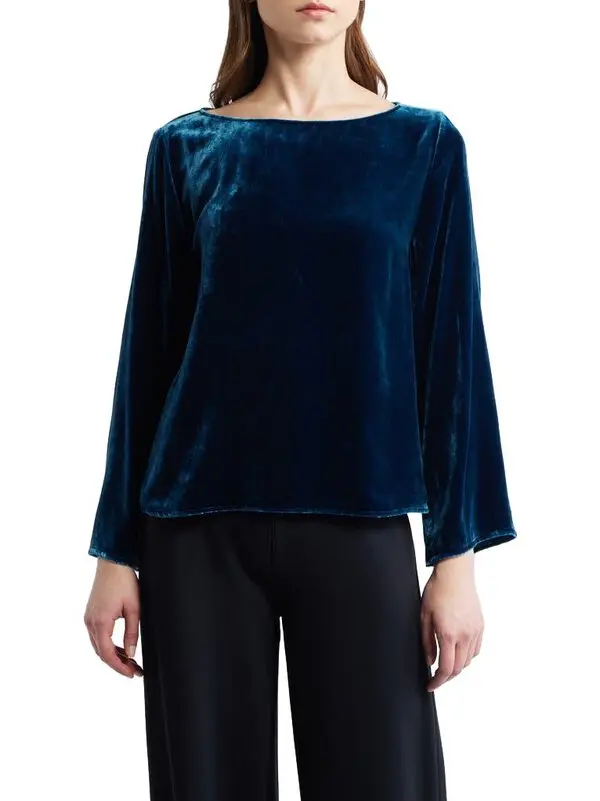 Eileen Fisher Ballet Neck Flare Sleeve Velvet Top - Atlantis