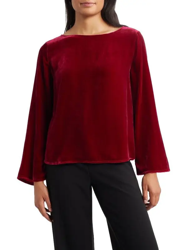 Eileen Fisher Ballet Neck Flare Sleeve Velvet Top - Ruby