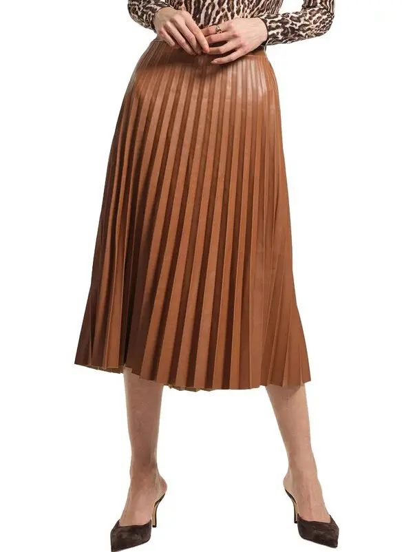 ISAAC MIZRAHI NEW YORK Faux Leather Accordion Pleat Midi Skirt - Caramel