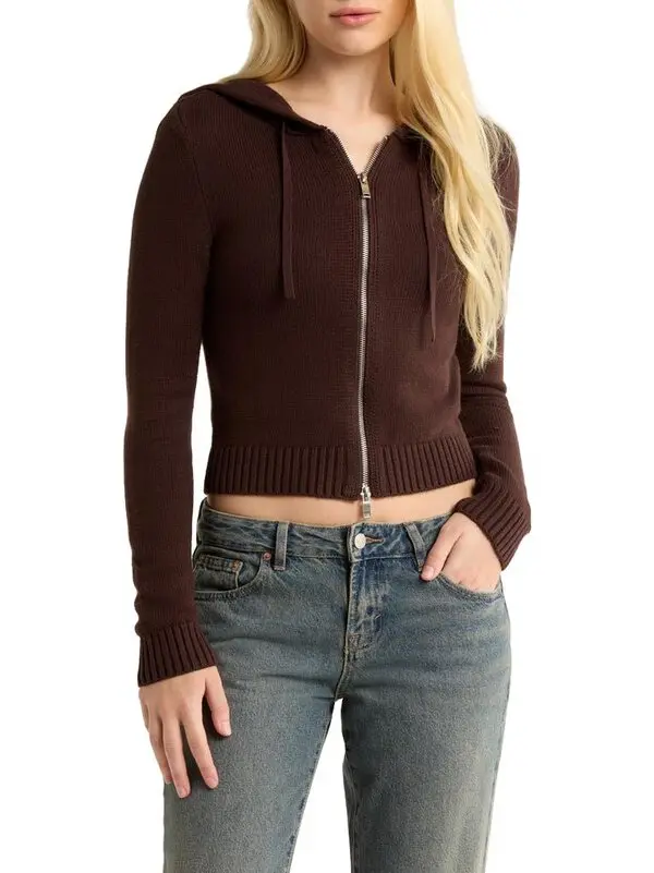 PACSUN Skylar Front Zip Sweater Hoodie - Brown