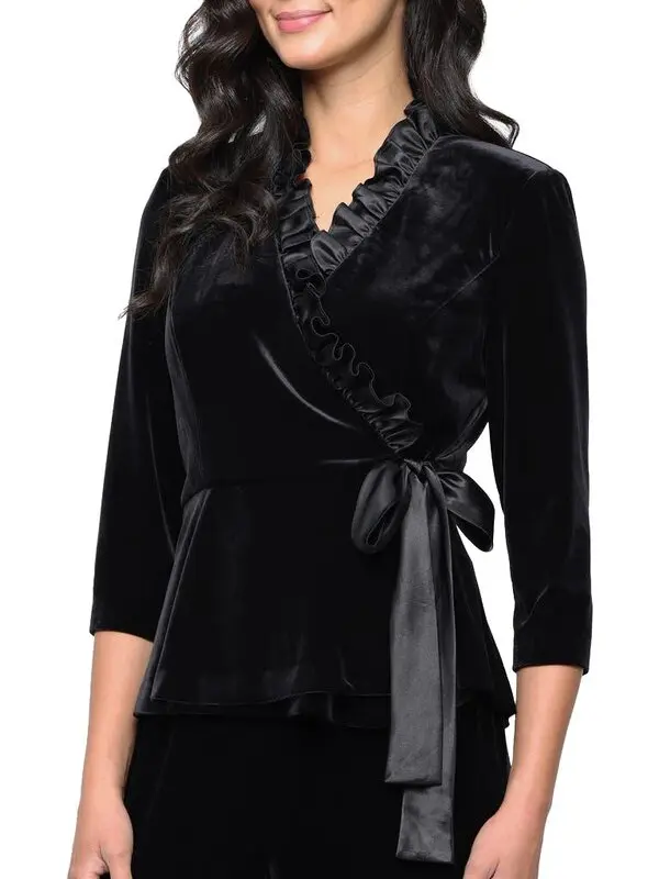 Alex Evenings Satin Frill Velvet Wrap Top - Black