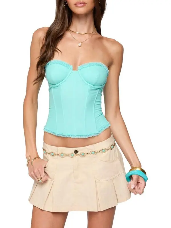 EDIKTED Lace-up Strapless Mesh Corset Top - Turquoise