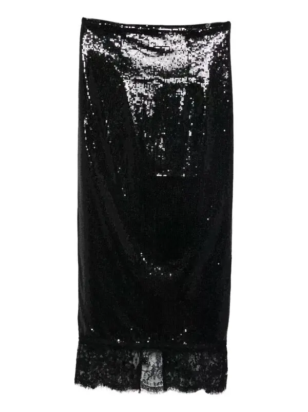 NISSA Sequin Embellished Lace Trim Skirt - Black