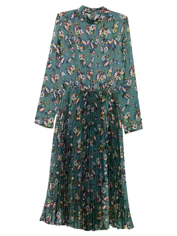 NISSA Floral Print Pleated Dress - Green
