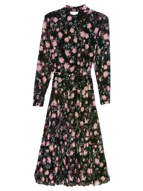 NISSA Floral-print Pleated Midi Dress - Black