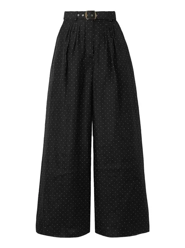 Zimmermann Belted Pleated Polka-dot Wide-leg Pants - Black