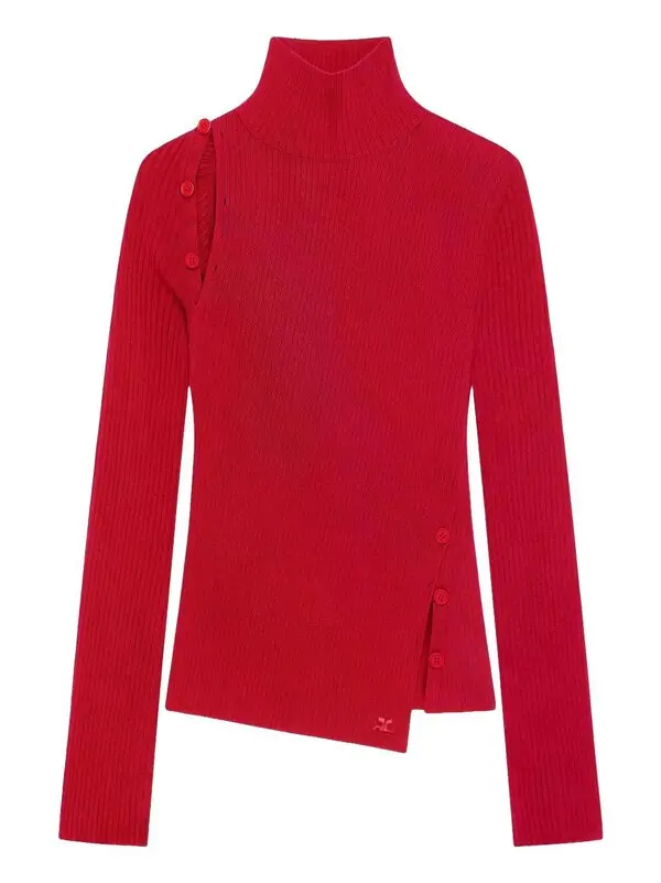 COURREGES Button-embellished Ribbed Turtleneck Sweater - Red