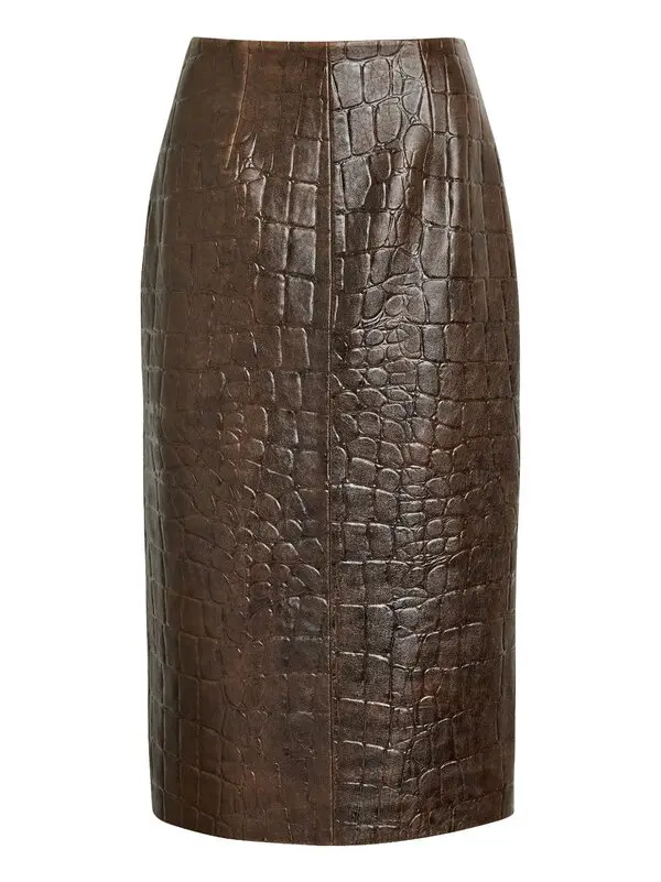 EMILIA WICKSTEAD Loretta Crocodile-effect Leather Midi Skirt - Brown