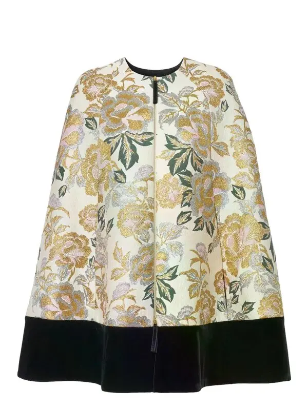 Carolina Herrera Floral-jacquard Cape With Velvet Trim - Neutrals