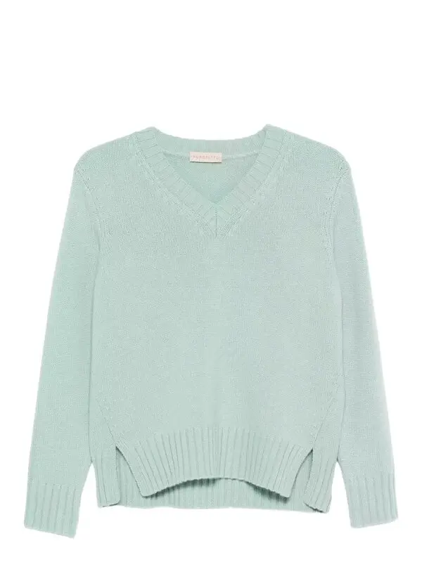 PUROTATTO V-neck Side-split Sweater - Green