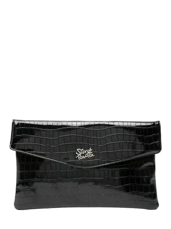 SECRET PON-PON Crocodile-embossed Clutch - Black