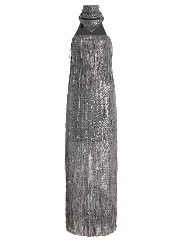 Bevza Sunbeams Fringed Sequined Maxi Dress - Grey