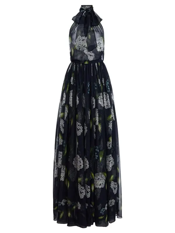 Oscar De La Renta Porcelain Flowers Silk Chiffon Halter Gown - Navy