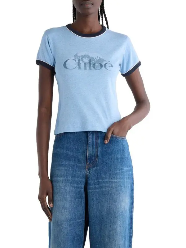 Chloé Logo Cotton Ringer T-shirt - Ceylan Blue