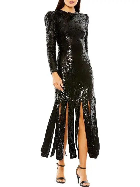 Mac Duggal Long Sleeve High Neck Carwash Panel Dress - Black