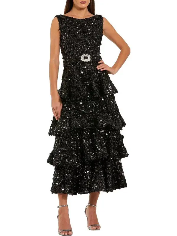 Mac Duggal Sleeveless Sequin Midi Dress - Black