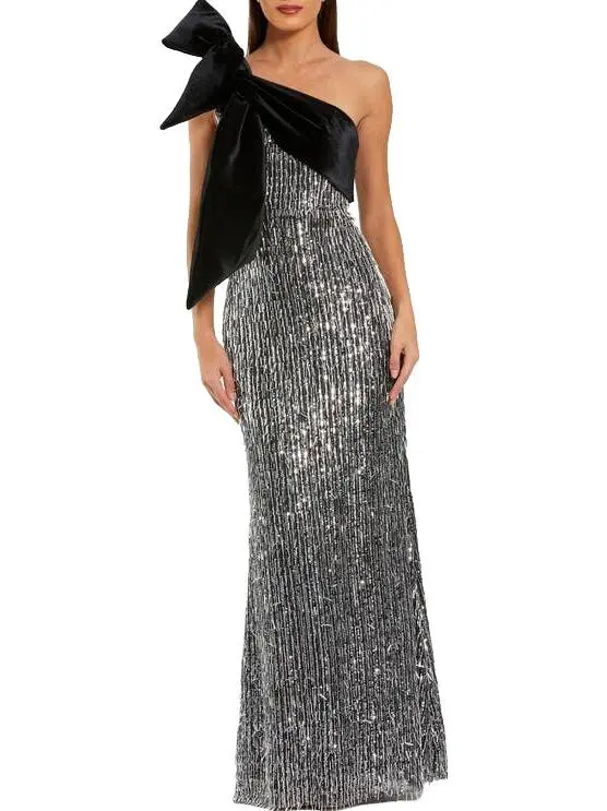 Mac Duggal One-shoulder Sequin Gown With Bow - Black Silver