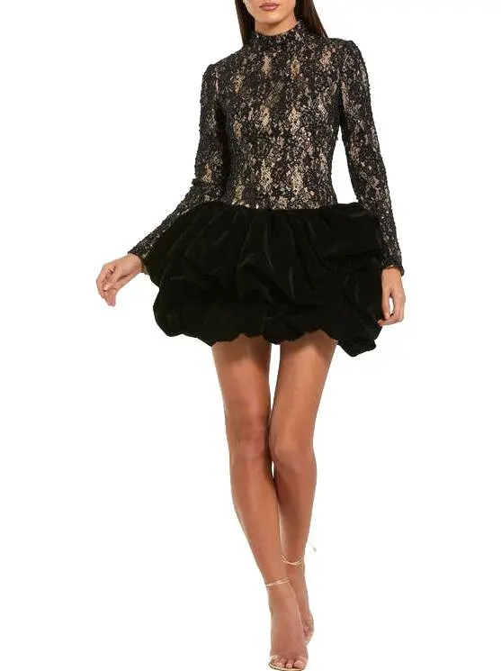 Mac Duggal Lace And Velvet Mini Dress - Black