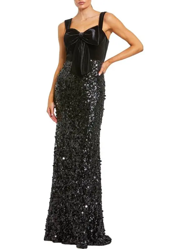 Mac Duggal Sequin Column Gown With Velvet Bow - Black