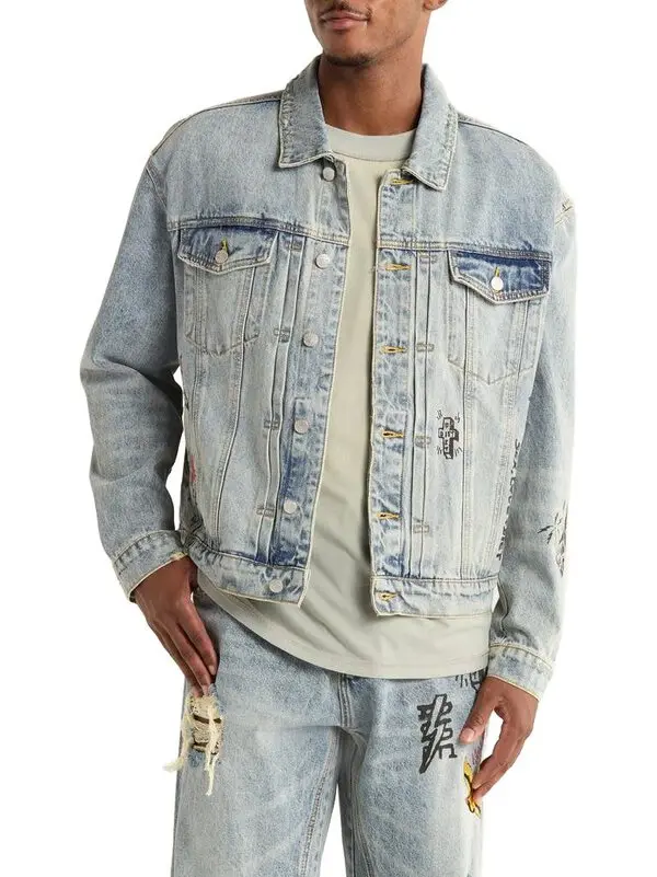 DIET STARTS MONDAY Doodle Embroidered Denim Trucker Jacket - Indigo